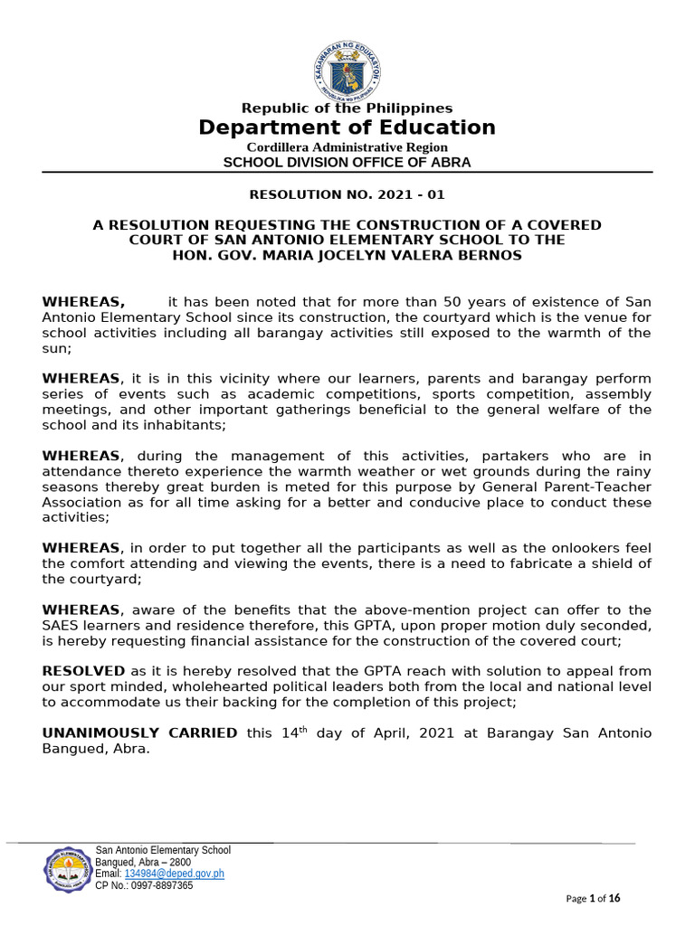 A Resolution Requesting the Construction of a Covered Court of Barangay ...