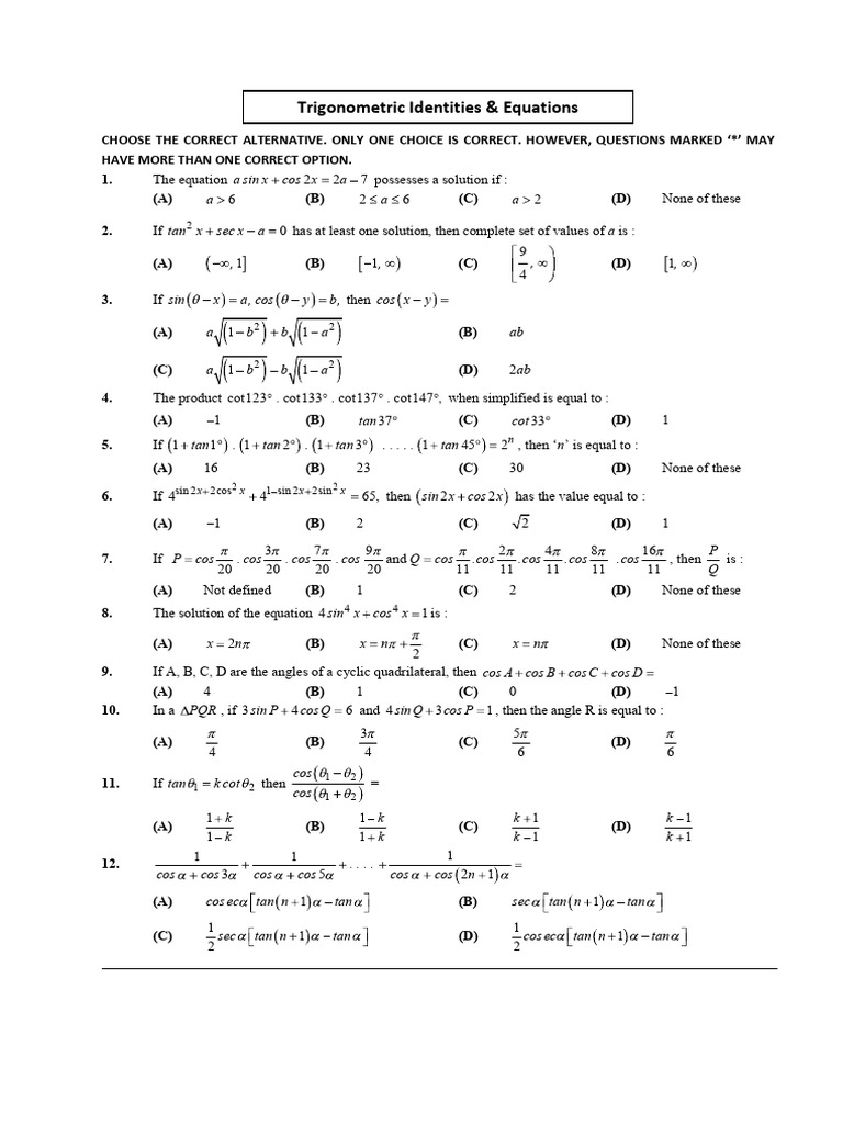 Trigonometic Equations & Identities Sheet 1 & 2 | PDF | Trigonometric ...