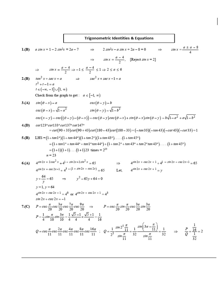 Trigonometic Equations & Identities Sheet 1 & 2 Solutions | PDF ...