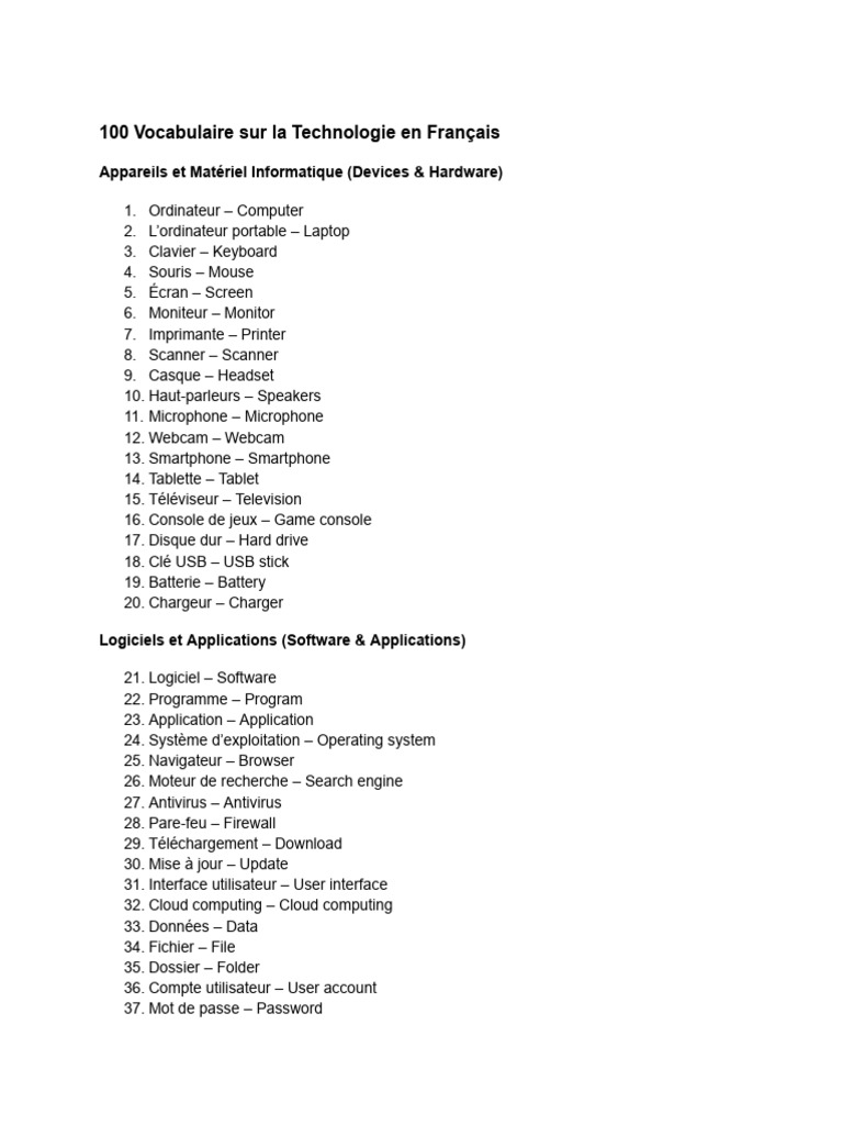 Vocabulaire Technologique en Français | PDF | Matériel informatique ...