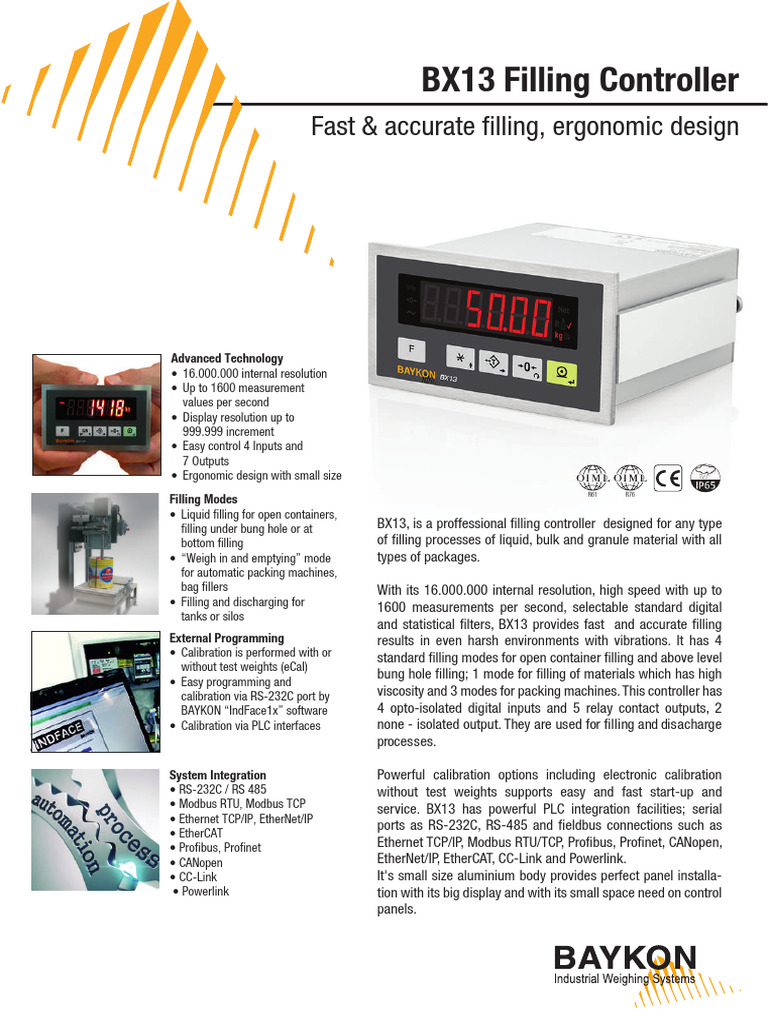 Baykon bx13 Filling Controller Catalogue | PDF | Programmable Logic Controller | Calibration