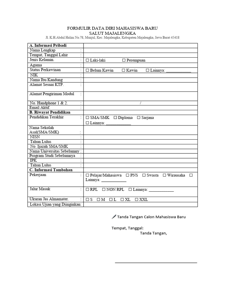 Formulir Data Diri Mahasiswa Baru - 042411 | PDF