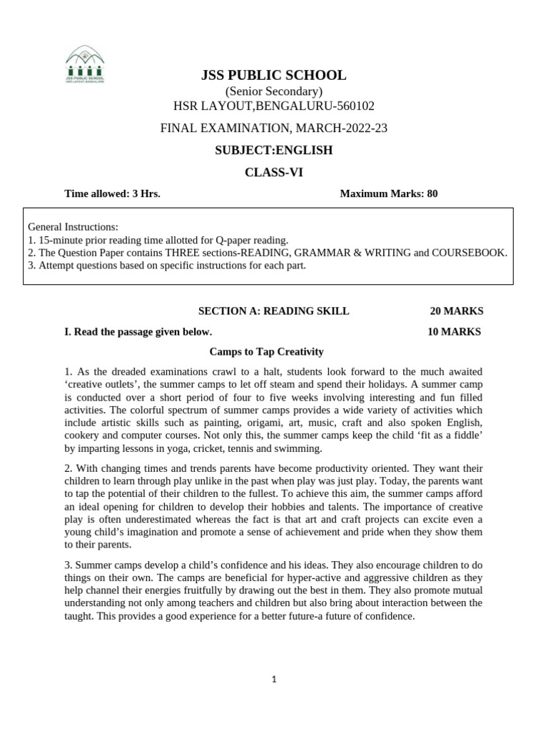 Class VI English Final Examination 2023 | PDF