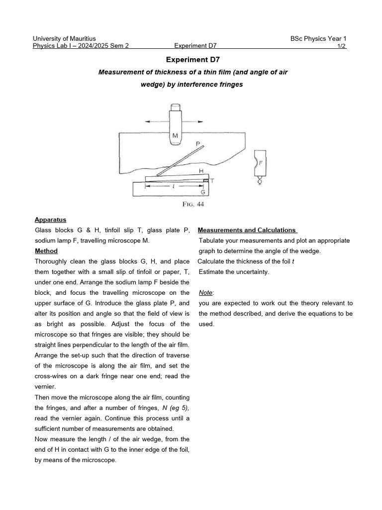 Experiment D7: Measurement of Thickness of A Thin Film (And Angle of ...