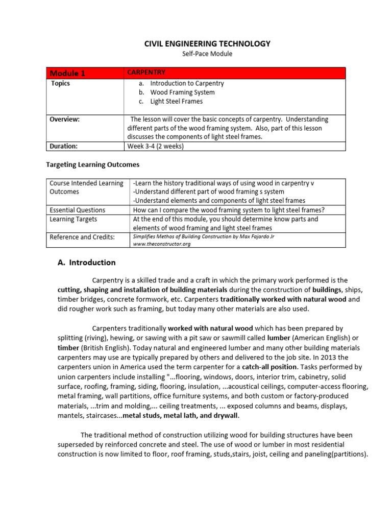 Module 1 CE Technology Carpentry 3 | PDF | Carpentry | Framing ...