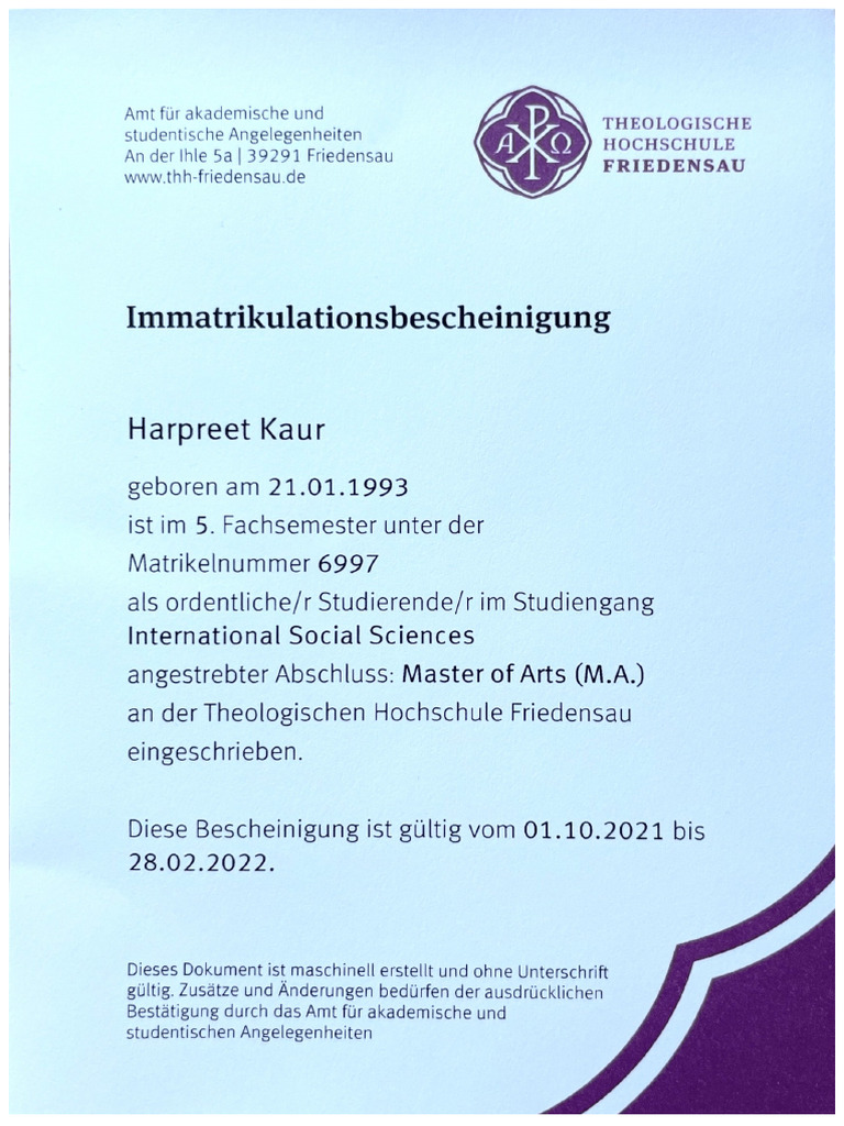 Harpreet - Matriculation Certificate | PDF