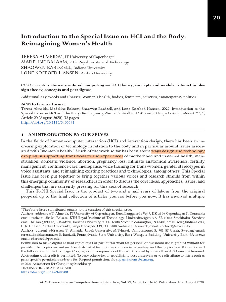 Introduction To The Special Issue On HCI and The Body Reimagining Women ...