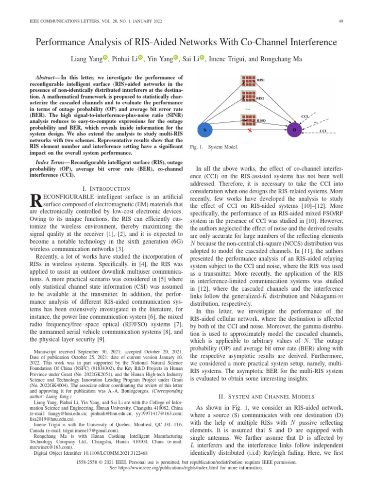Performance Analysis of RIS-Aided Networks With Co-Channel Interference | PDF ...