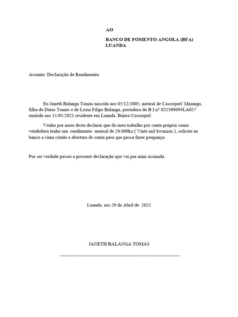 Declaração de Rendimento Banco BFA | PDF