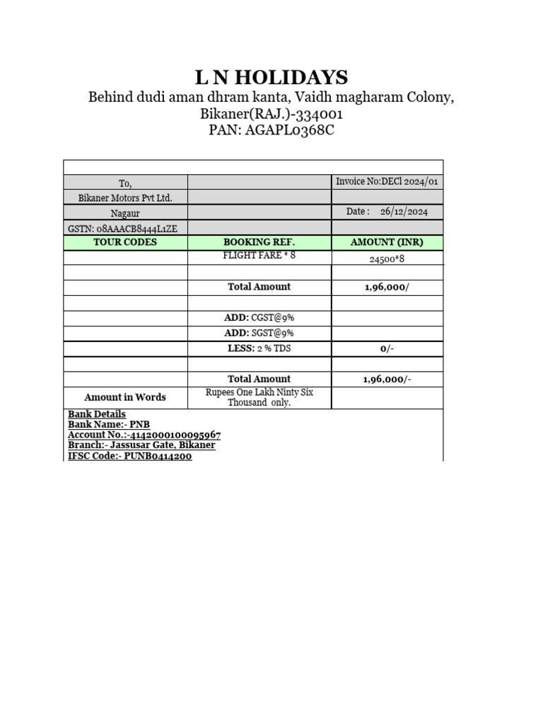 Bikaner Motor Flight Invoice | PDF
