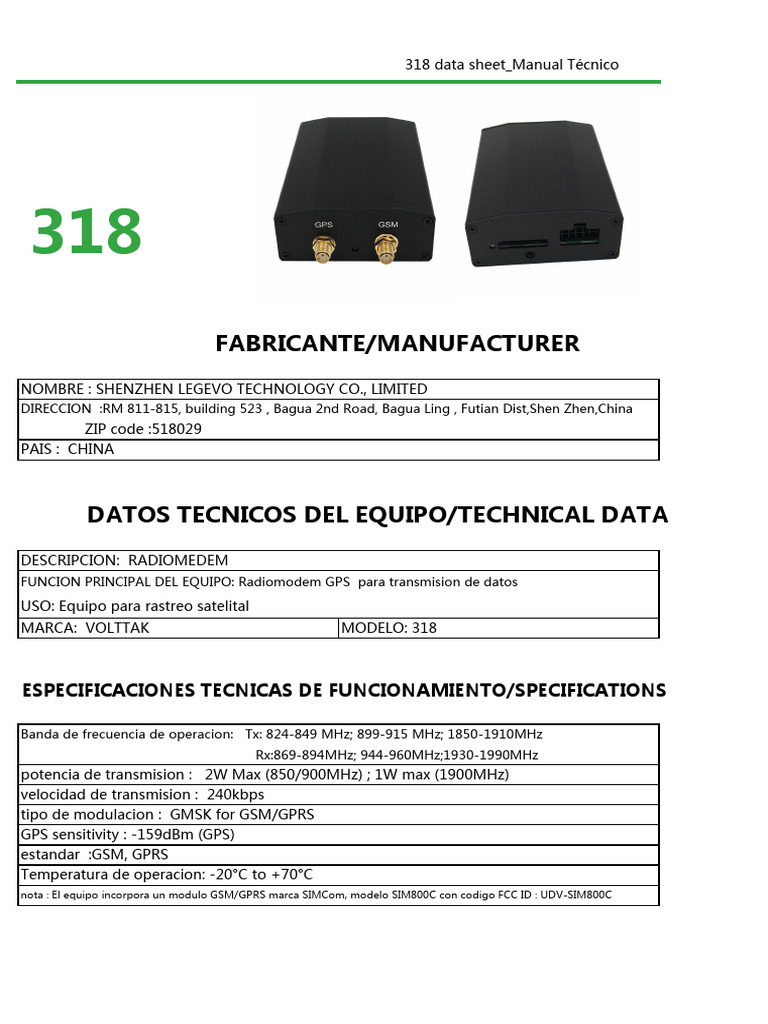 VOLTTAK - 318 GPS Tracker - Data Sheet - Manual Tecnico | PDF ...