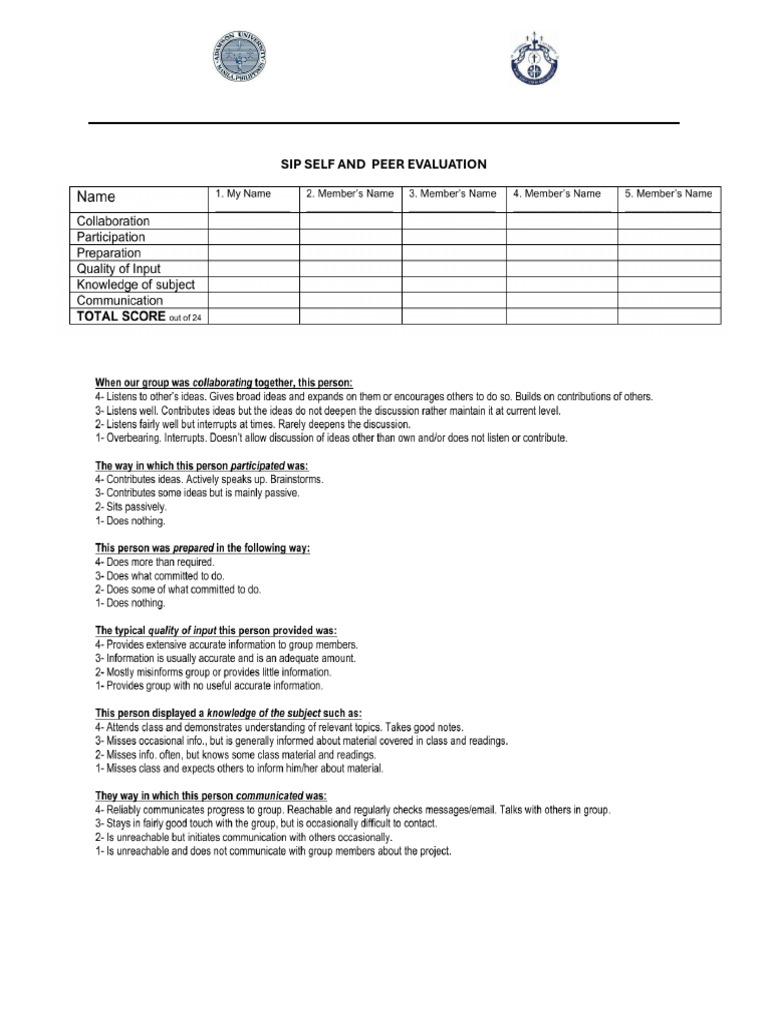 SIP Self and Peer Evaluation Guide | PDF