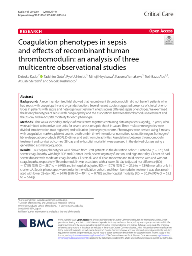 Coagulation Phenotypes in Sepsis and Effects of Re | PDF | Sepsis ...