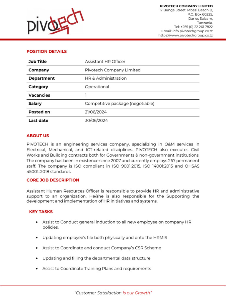 PIVOTECH - Job Profile - Assistant HR Officer 2024 | PDF | Employment ...