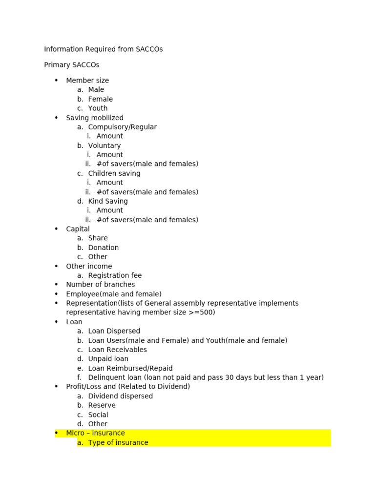 SACCOs Data Collection Requirements | PDF | Dividend | Insurance