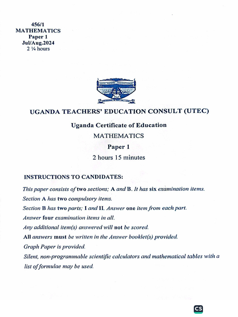 Utec Uce Math Ematics Paper 1 2024 | PDF