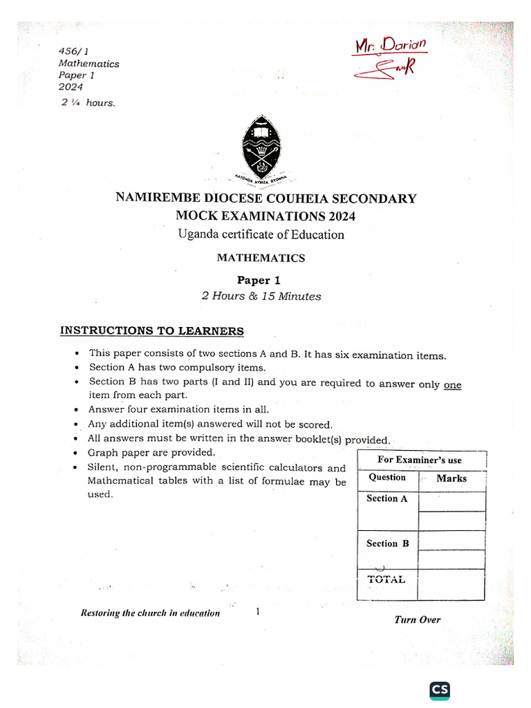 Namirembe Diocese Couhela Secondary Mock Examinations 2024 Uce ...