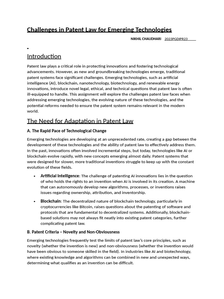 Challenges in Patent Law For Emerging Technologies | PDF | Patent ...