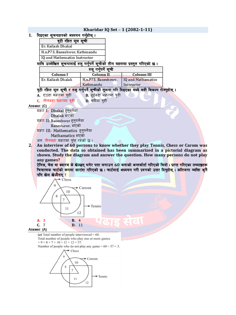 Kharidar IQ Set 2082 - Practice Questions | PDF