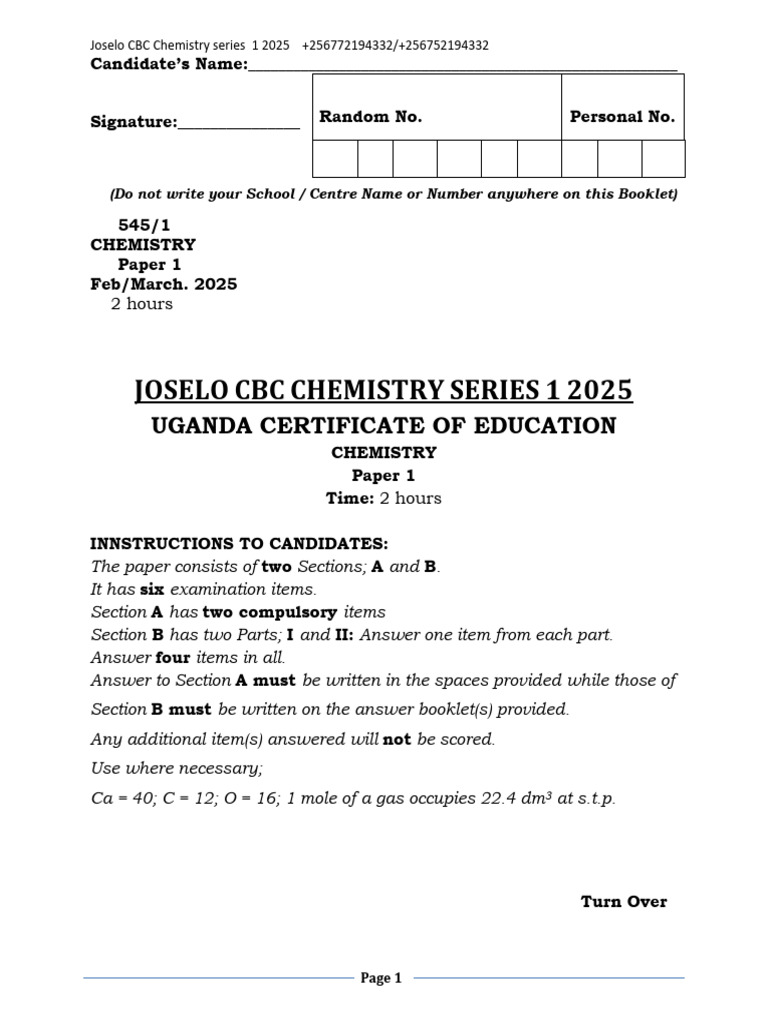 Joselo CBC Chemistry Paper 1 2025 | PDF | Combustion | Natural Environment