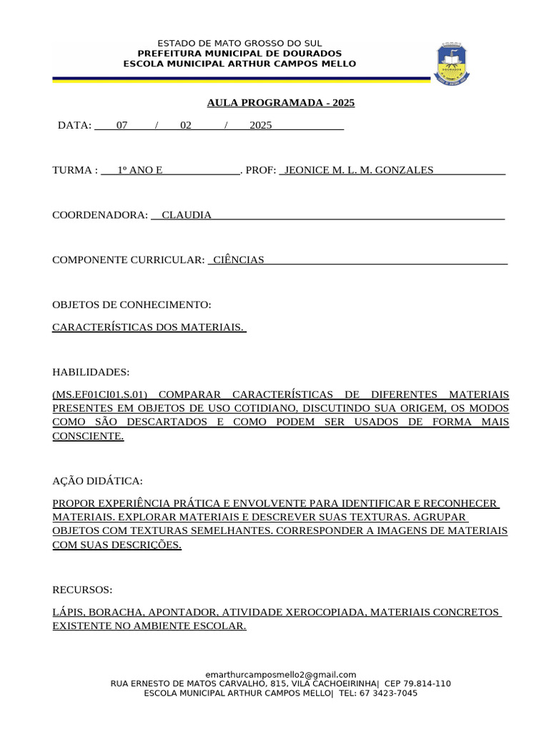 1º Ano - Aula Programada de Ciências | PDF