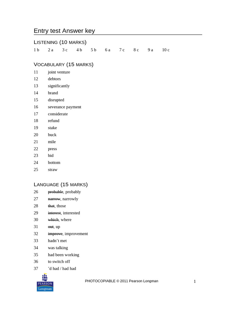 Entry Test Answer Key | PDF