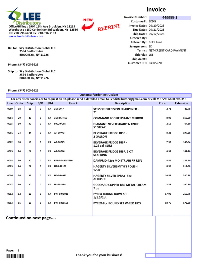 Invoice #449955-1 for Sky Distribution | PDF | Business Documents