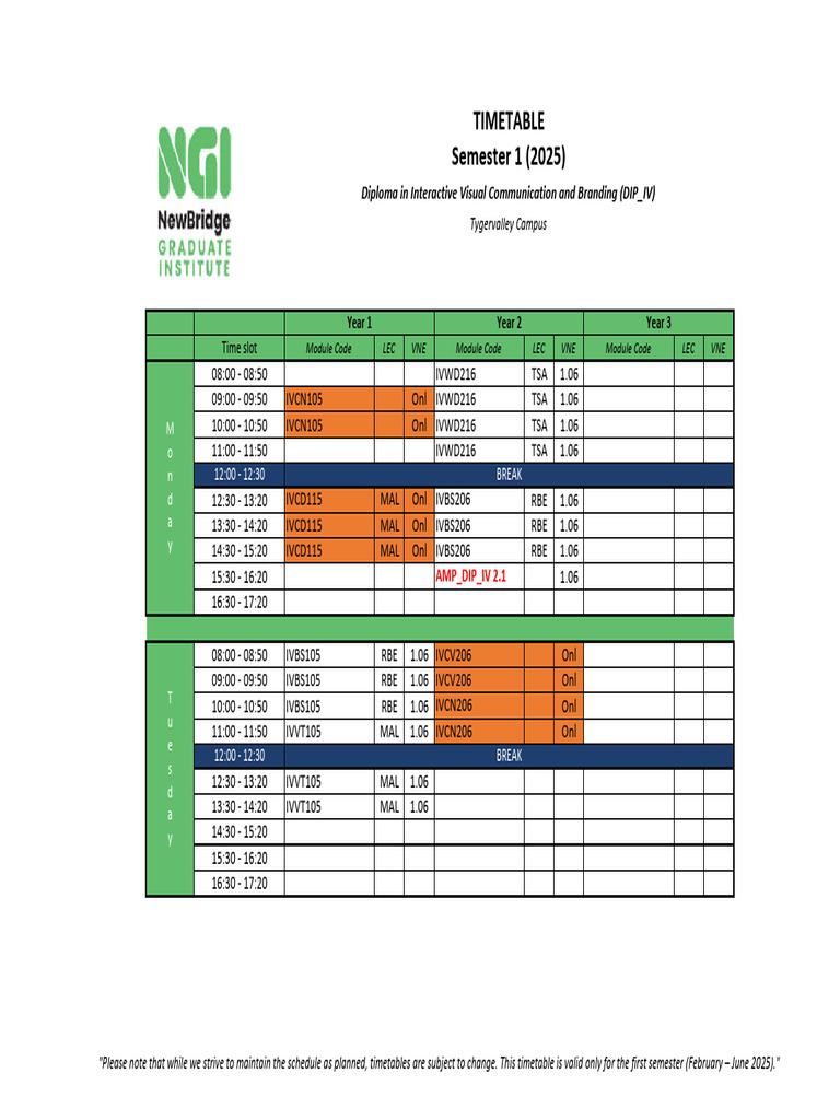 2025 S1 Timetable DIP IV | PDF