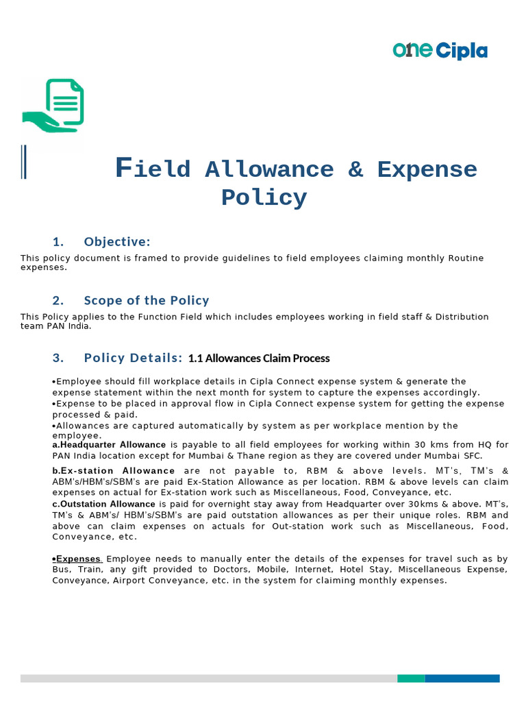 Field Allowance and Expenses Policy | PDF | Expense