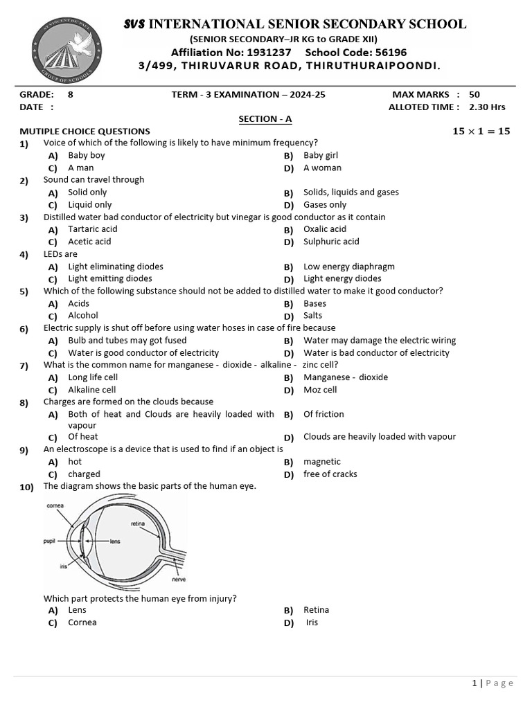 Cbse Class 8 Science Question Paper | PDF | Human Eye | Eye