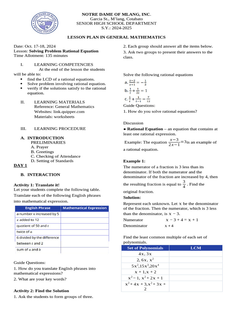 Rational Equations Lesson Plan | PDF | Equations | Polynomial