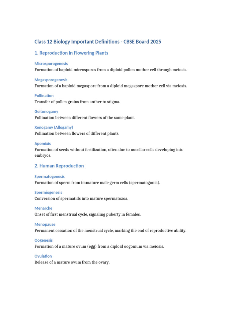 Key Definitions for Class 12 Biology | PDF | Dna | Sexual Reproduction