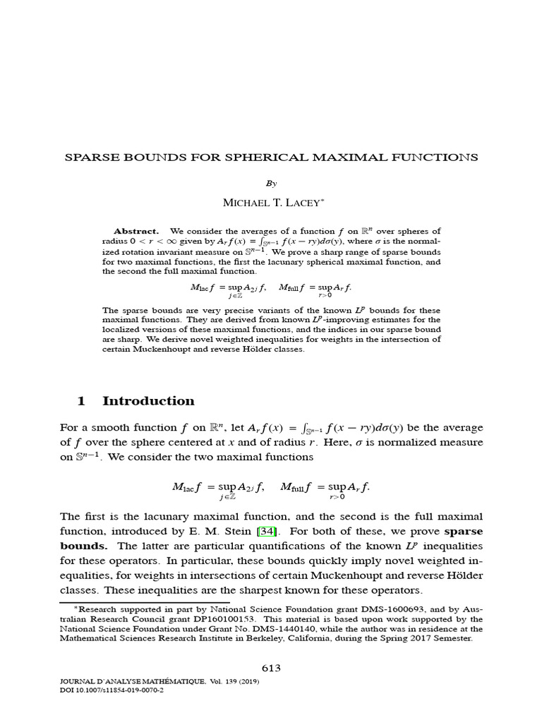 (M. T. Lacey) Sparse Bound For Spherical Maximal Functions | PDF ...