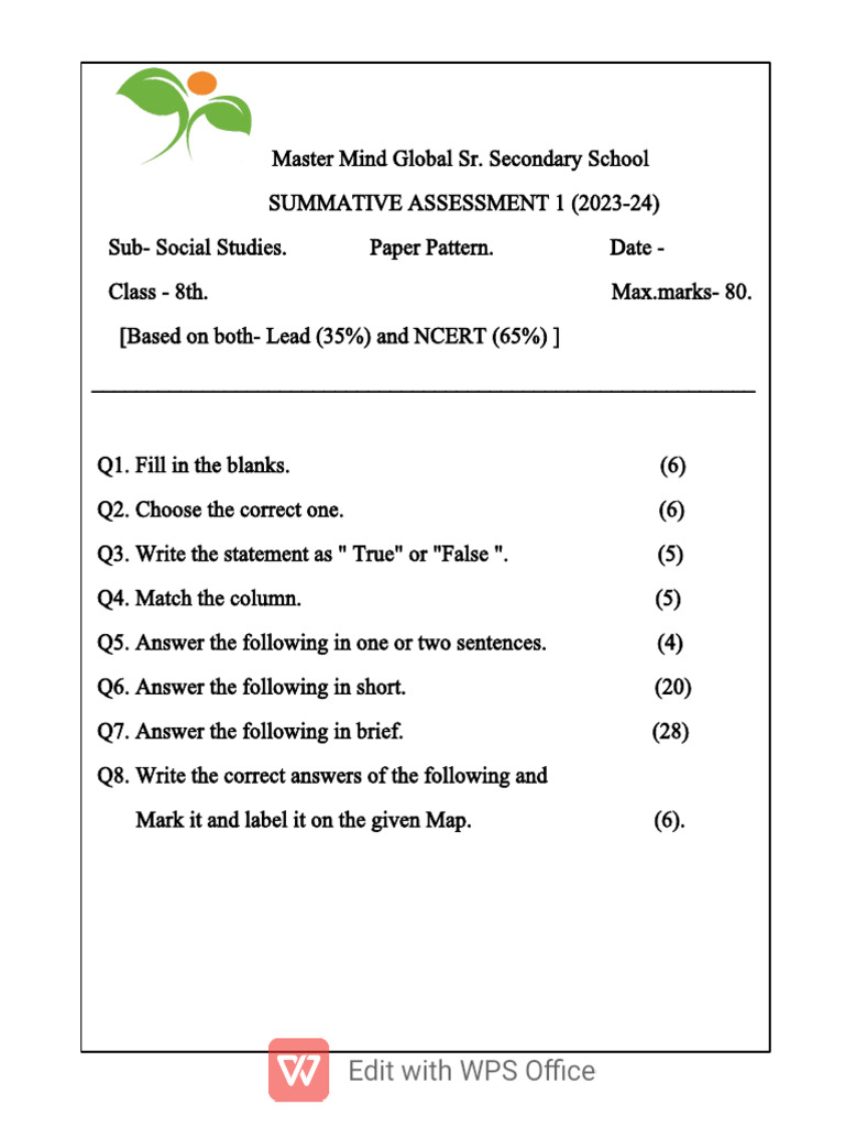 8TH SA - 1 SST Paper Pattern | PDF