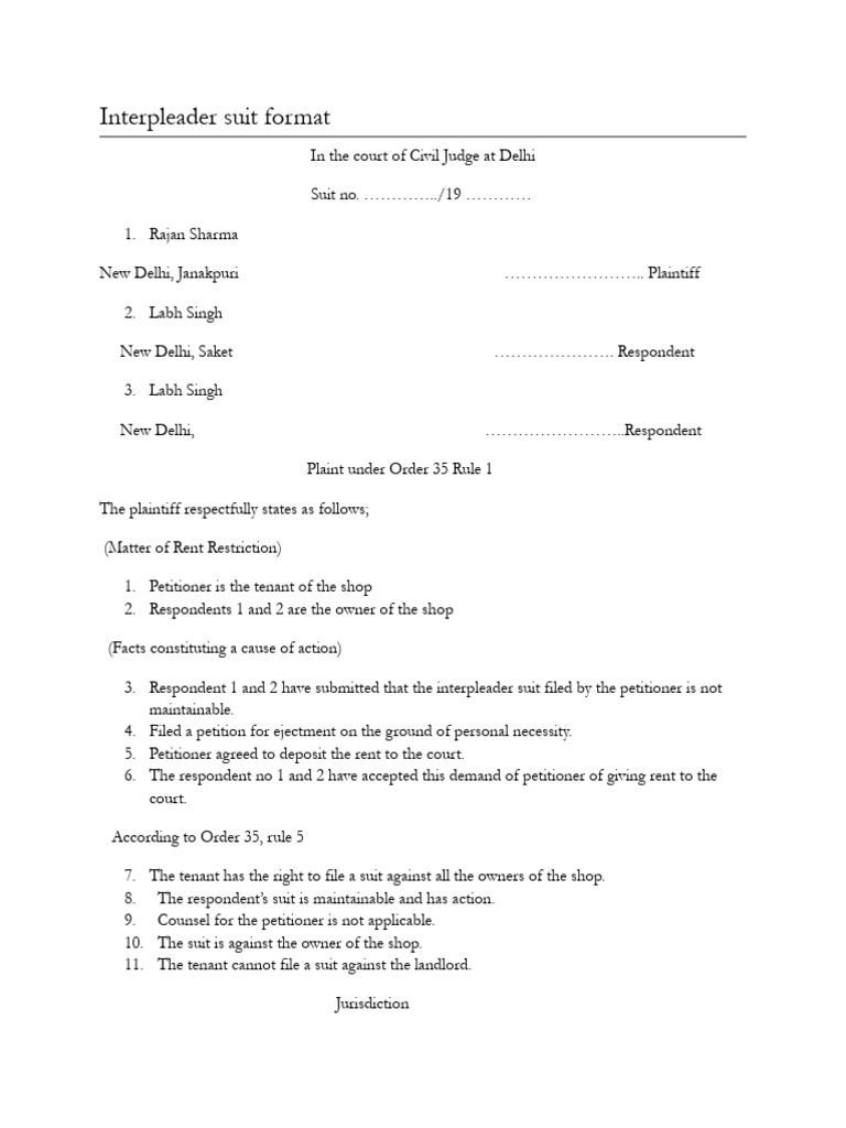 Interpleader Suit Format | PDF | Lawsuit | Landlord