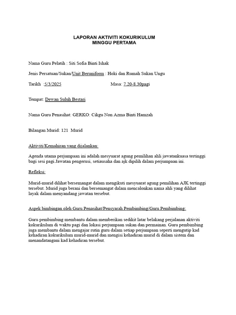Laporan Aktiviti Kokurikulum Minggu 1 | PDF