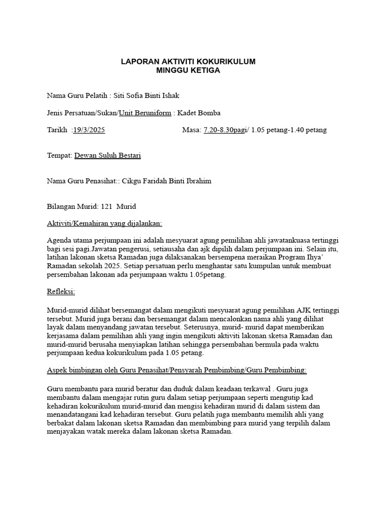 Laporan Aktiviti Kokurikulum Minggu 3 | PDF