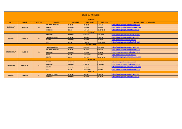 _class Timetable - April 2025 - Grade 8a | PDF
