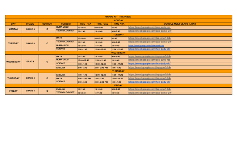 Class Timetable - April 2025 - Grade 4c | PDF
