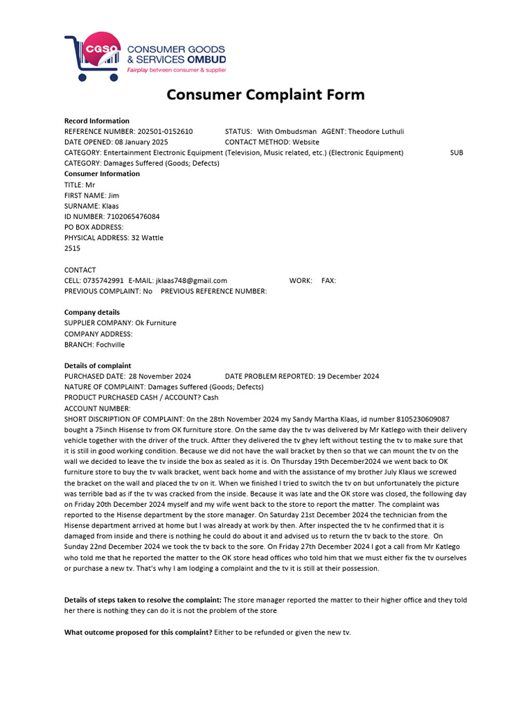 Consumer Complaint: Defective TV Issue | PDF