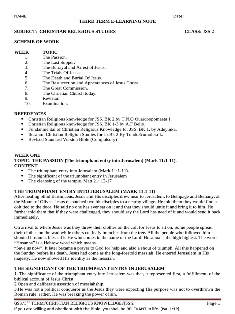 3RD TERM J2 CHRISTIAN RELIGIOUS KNOWLEDGE | PDF | Jesus | Resurrection ...