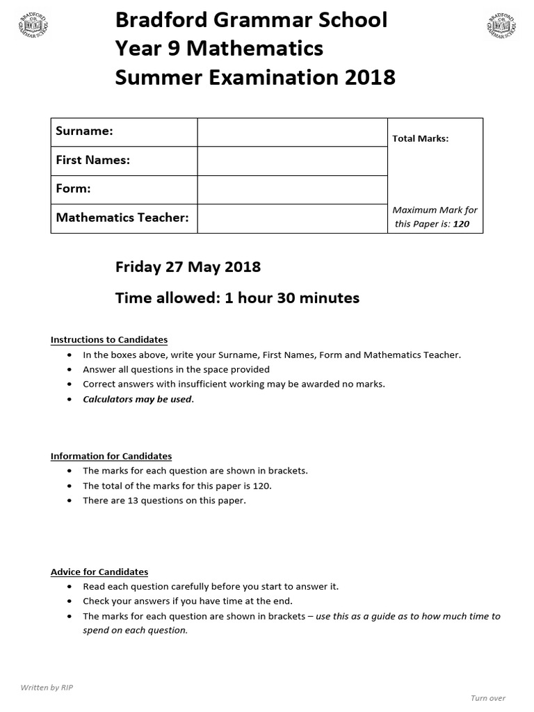 Year 9 Maths Summer Exam 2018 | PDF | Mathematics