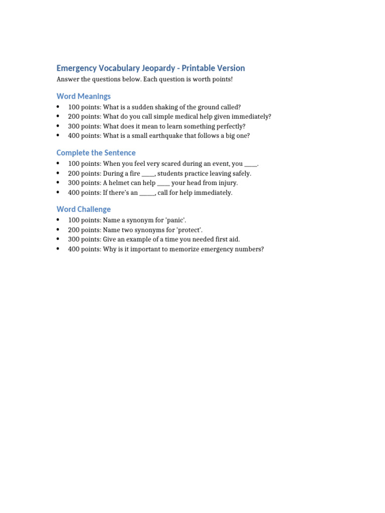 Emergency Vocabulary Jeopardy Printable | PDF