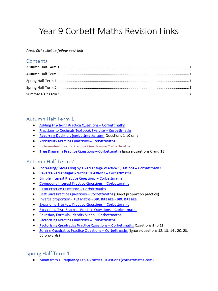 Y9 Corbett Practice Question Links | PDF | Quadratic Equation | Mathematics