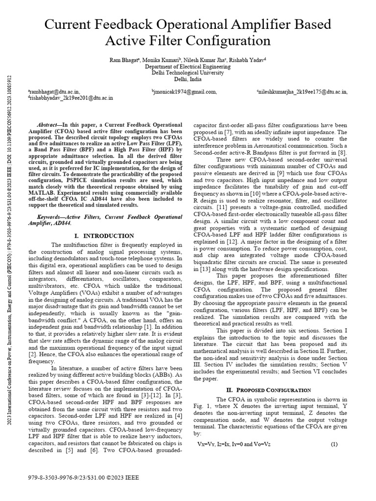 Current Feedback Operational Amplifier Based Active Filter ...
