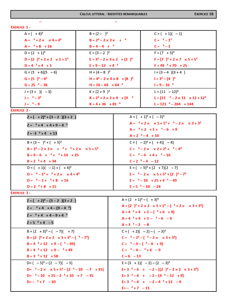 Developpements Identites Remarquables Corriges D Exercices 2 | PDF
