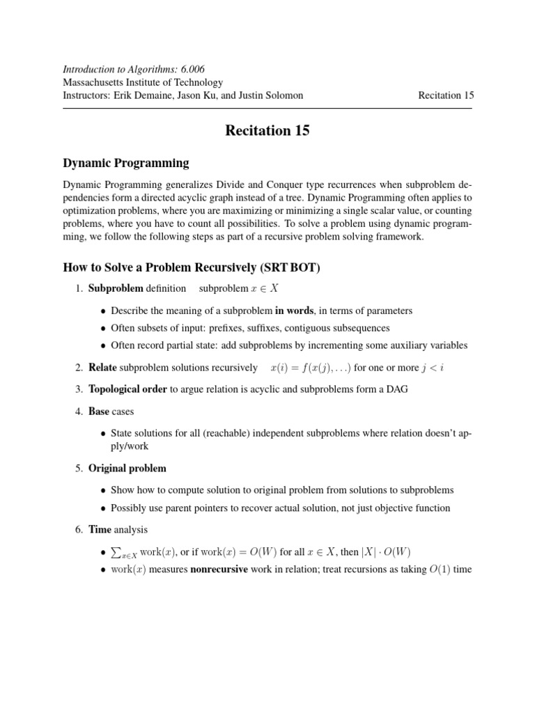 Introduction to Algorithms, Recitation 15 | PDF | Dynamic Programming | Mathematical Optimization