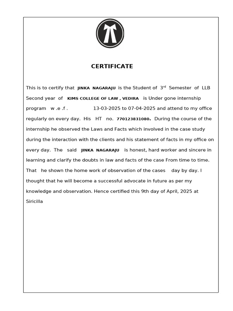Certificate: Jinka Nagaraju Kims College of Law, Vedira | PDF