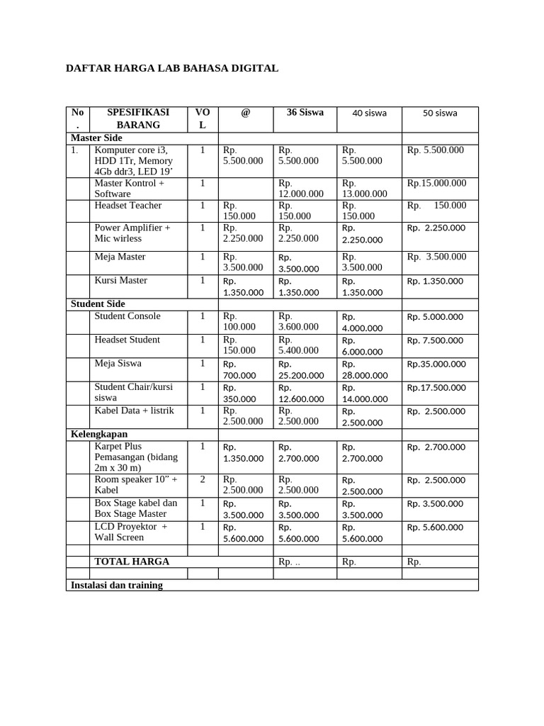 Daftar Harga Lab Bahasa Digital | PDF