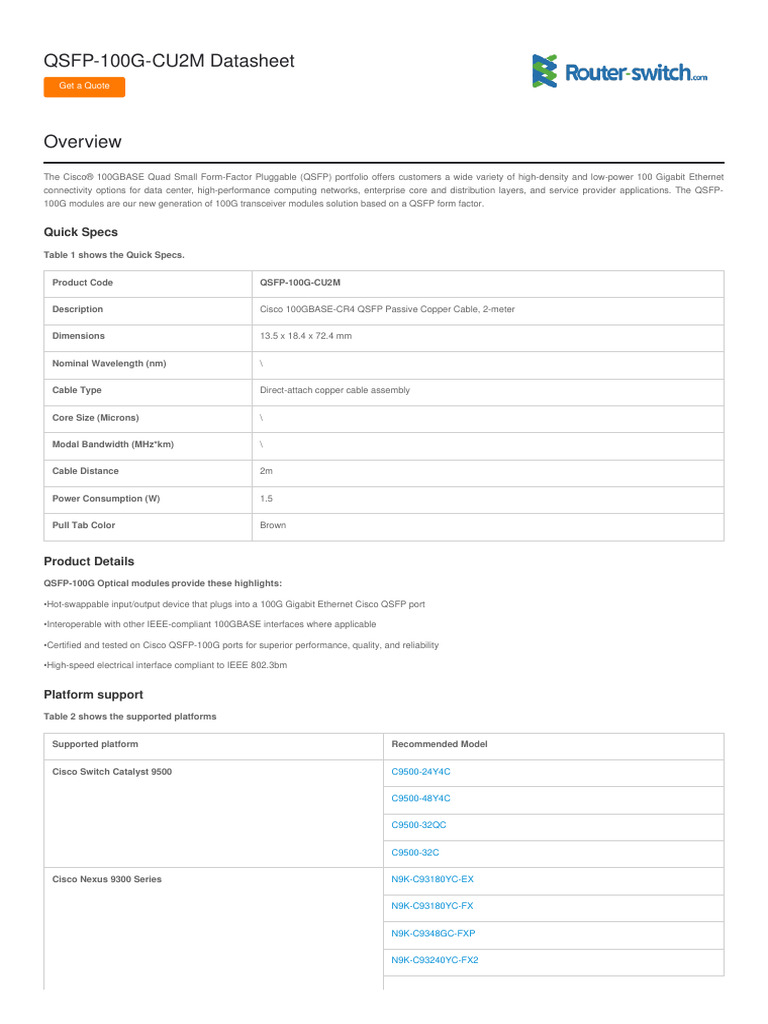 qsfp-100g-cu2m-datasheet | PDF | Telecommunications Equipment | Electronics